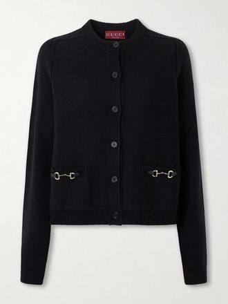 Gucci Cardigan Aus Einer Woll-kaschmirmischung Mit Lederbes&auml;tzen Und Horsebit-details - Schwarz