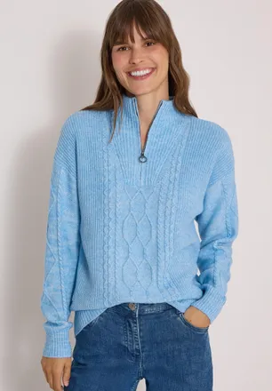 Cecil Strickpullover CECIL, Damen, Gr. XXL (46), blau (easy blau melange), Web, 78% Baumwolle, 22% Polyacryl, unifarben, normal normal, hoch geschlossener A