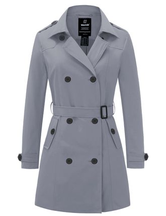 Wantdo Damen Fr&uuml;hling Jacke Winddichte Cabanjacke mit Schulterkn&ouml;pfen Schulterklappen Slim Fit Lange Jacken Verstellbare G&uuml;rtel Mantel Grau XL