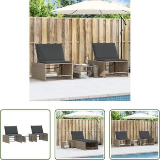 vidaXL Sonnenliege - Sonnenliegen 2 Stk. mit Tisch Grau Poly Rattan