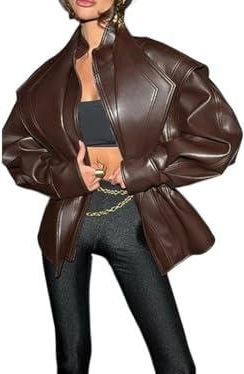 Generic Veste en cuir synth&eacute;tique pour femme, col rabattable, fermeture &eacute;clair sur le devant, manches bouffantes, v&ecirc;tements dext&eacute;rieur d&eacute;contract&eacute;s pour lhive