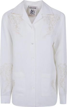 Semicouture Femme, Blouses et Chemises, Blanc, Taille: 36 FR Veste de pyjama en lin brod&eacute;