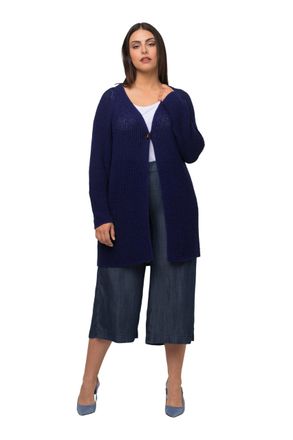 Ulla Popken Damen, Bändchengarn, V-Ausschnitt, Schmuckknopf Strickjacke, Indigo, 46-48