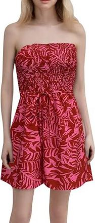 Generic Combinaison d&eacute;t&eacute; sans bretelles smock&eacute;e pour femme avec short imprim&eacute; nou&eacute; sur le devant, Rouge, XL