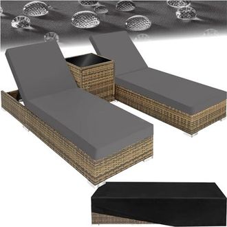 TecTake Set de 2x Chaise Longue Bain de Soleil avec Dossier r&eacute;glable + Table de Jardin en Aluminium et Resine Tressee + 2 Set de Housses + Housse de Protectio