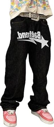 ORANDESIGNE Baggy Jeans Homme Coupe Droite Hip Hop Denim Pantalons à Imprimé Étoiles Lâche Fit Jambe Droite Pantalon Rétro Y2K Streetwear Unisexe I Blanc XL