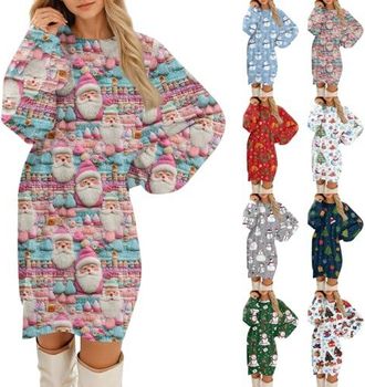 Generic Robe Noel Femme Chic et Elegant Robe Pull Hiver &agrave; Manche Longue Col Rond Imprim&eacute; No&euml;l Doux et Confortable Pas Cher Sweater Dress avec Motifs Sapin de 