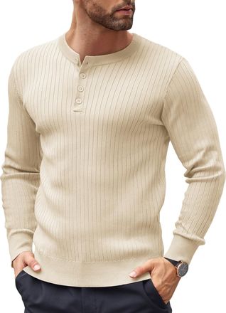 Coofandy Herren Pullover Henley Shirt Strickpullover mit Knopfleiste M&auml;nner Langarmshirt Pulli Slim Fit Beige 3XL