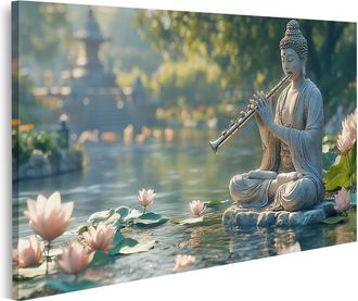 Islandburner Prime Bild auf Leinwand Buddha spielt Flöte im Lotus Teich für Wohnzimmer Spirituelle Yogastudio Bilder Wandbilder Poster