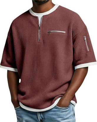 Generic Lot de 2 t-shirts gaufr&eacute;s 1/4 &agrave; manches courtes et col en V pour homme - Faux pull surdimensionn&eacute; confortable avec poches - V&ecirc;tement de travail respir