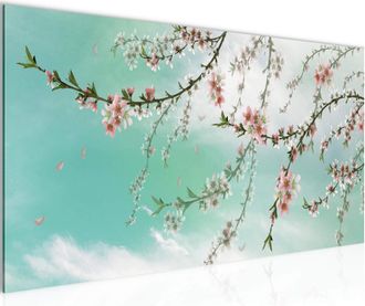 Runa Art Wandbild Blumen Sakura 1 Teilig 100 x 40 cm Modern Bild auf Vlies Leinwand Japanische Motive Wohnzimmer Kirschbl&uuml;te 020012b
