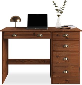 IDIMEX Schreibtisch Lana mit 5 Schubladen, Kastanie Farben - B&uuml;rotisch aus Massivholz im Landhausstil, klassisches Design, B&uuml;rotisch mit Muschelgriffen