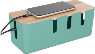 Relaxdays Kabelbox, f&uuml;r 2 Steckdosenleisten, Holzdeckel, Kunststoff, Kabel verstecken, HBT: 11,5x30,5x12,5 cm, Mint