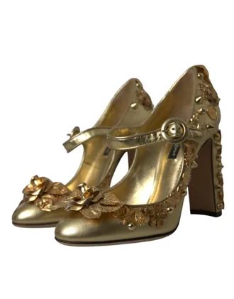 Dolce & Gabbana Womens Gold Leather Crystal Mary Janes Pumps Shoes