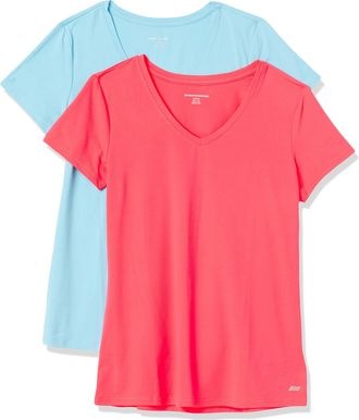 Amazon Essentials Damen Active Quick Dry Tech Stretch Kurzarm-T-Shirt mit V-Ausschnitt (in Übergröße erhältlich), 2er-Pack, Blau/Neonrosa, XXL