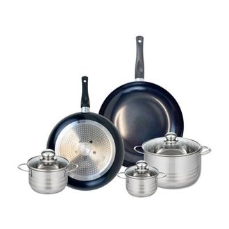 Fackelmann ELO 9738850 Batterie de cuisine 5 pièces, Ensemble de 2 Poêles de cuisson 28 et 32 cm et 3 faitouts 12, 14 et 20 cm Elo Prima Brillant, inox, inductio