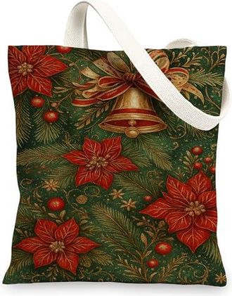 Generic Sacs fourre-tout en toile poinsettia de Noël, motif floral vintage, sacs dépicerie réutilisables, légers et lavables à lépaule S, vert, 13x15 Inch