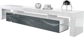 Vladon Lowboard Lima V2, Made in Germany, TV-Kommode mit 2 Klappen, 1 offenem Fach und 2 Glasablagen, Weiß Hochglanz/Grau Hochglanz (189 x 38 x 35 cm)