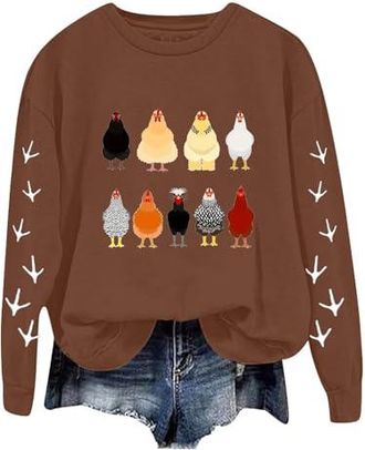 Generic 2026 Surdimensionné Femmes Manches Longues Col Rond Sweats Imprimé Poulet Maman Pull Léger Ample Haut, marron, XXL