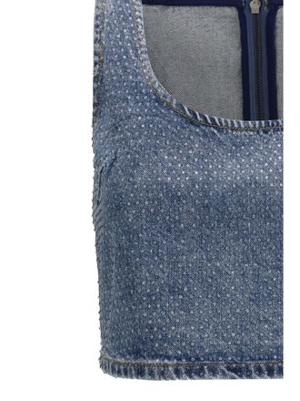 Self Portrait Womens Crop Top Rhinestone Denim Blue Cotton