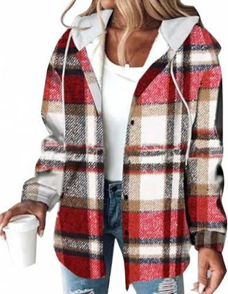 Minetom Veste a Carreaux Femme Chaud Doublure Polaire Sweat &agrave; Capuche Manches Longues Hoodie avec Boutons Automne Hiver Manteau A Rouge XXL