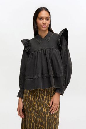 Ganni Blouse &agrave; volants noire d&eacute;lav&eacute;e Noir Coton biologique - Taille 34 - Pour Femme