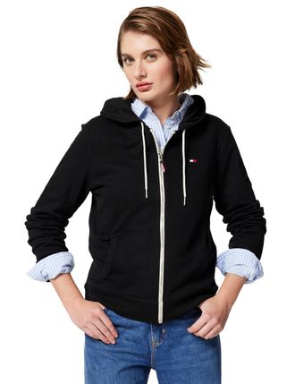 Tommy Hilfiger Damen Zip-up Hoodie - Classic Sweatshirt for Women with Drawstrings and Hood Kapuzenpullover, Schwarz, L (7er Pack)