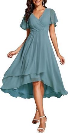 Ever-pretty EG02084-P Robe dinvité de Mariage, col en V, Manches à Volants, en Mousseline de Soie, Longueur Genoux, Robe de soirée, Bleu poussiéreux, 60