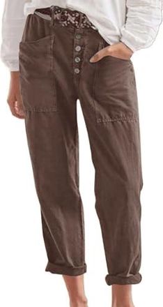 Generic Pantalon ample d&eacute;contract&eacute; en coton et lin pour femme - Grande taille, marron, 5XL