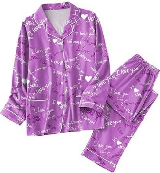 Generic Pyjama assorti pour femme pour la Saint-Valentin 2026 - Pyjama long classique boutonn&eacute; en satin avec poches, violet, XXL