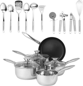 Russell Hobbs COMBO-8643 15-teiliges Kochgeschirr-Set - Klassische Bratpfanne 24 cm, 3 Kocht&ouml;pfe, Glasdeckel, 10-teiliges Edelstahl K&uuml;chenhelfer-Set, F&uuml;r Alle Kochf