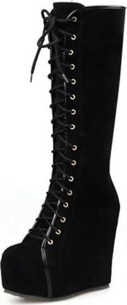 Generic JJDFW Bottes montantes &agrave; la mode pour femmes plateforme sexy talons compens&eacute;s lacets femmes bout rond chaussures de danse noires pour filles, Noir, 36