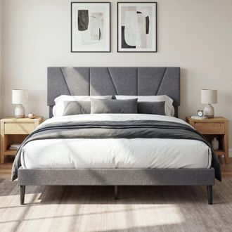 Costway Polsterbett mit Lattenrost, Bettrahmen aus Holz mit h&ouml;henverstellbarem Kopfteil in Leinenstoff, Bettgestell ohne Matratze, Grau (160 x 200 cm)