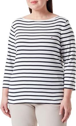 Tommy Hilfiger T-Shirt Manches Longues Femme en Coton, Multicolore (Breton Ecru/Desert Sky), 46