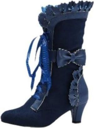 Generic Bottes Femme Vintage Mi-Mollet Bout Pointu Talons Kitten Noeud Lacets Élégantes Soirée Bal Mariages Occasions Spéciales Sortie Nuit,Bleu,38.5 EU