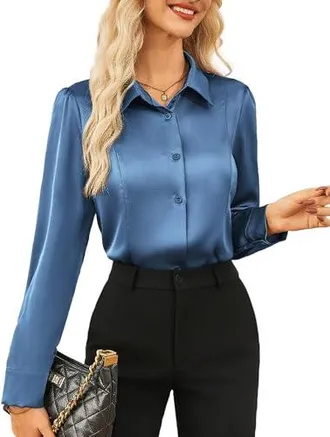 Grace Karin Chemise &agrave; manches longues boutonn&eacute;e pour femme - Col &agrave; revers - Coupe ajust&eacute;e - &Eacute;l&eacute;gante chemise pour le travail formel, bleu, M