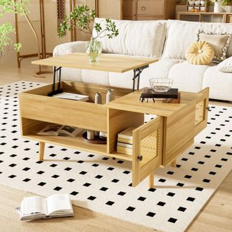 STILVORA Table Basse avec Plateau Relevable et 2 Portes Effet Rotin, Style Moderne, Salon, en Panneaux de Particules, 103&times;50&times;46 cm, Bois