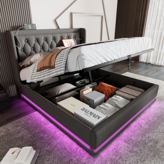 Myboo Polsterbett Doppelbett 160x200 cm, LED Jugendbett Hydraulisch Stauraumbett Funktionsbett Bettgestell mit Stauraum und Lattenrost, Kopfteil mit USB Typ