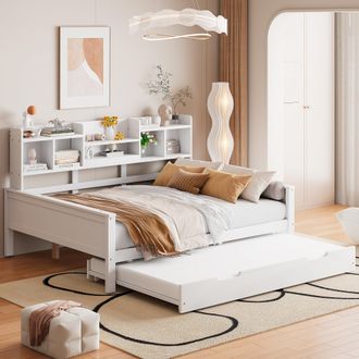 Merax Ausziehbares Schlafsofa 140x200 cm, mit Ausziehbett 90x190 cm, R&uuml;ckenlehnen-Staufach, Lattenrost, Multifunktionsbett f&uuml;r G&auml;stezimmer, Arbeitszimmer, W