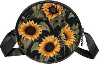 Generic Petit sac &agrave; bandouli&egrave;re rond pour femme, motif tournesol avec fermeture &eacute;clair, bretelles r&eacute;glables, style d&eacute;contract&eacute;, pour femmes et filles