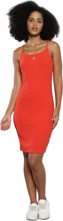 Calvin Klein Jeans Damen Kleid Rib Dress schmale Träger, Rot (Fiery Red), L