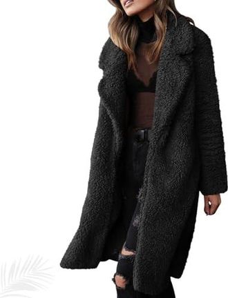 Generic Vestes longues en polaire Sherpa ouvert sur le devant pour femme Veste chaude à revers en fausse fourrure Manteau long Vestes dextérieur, Noir, XXL
