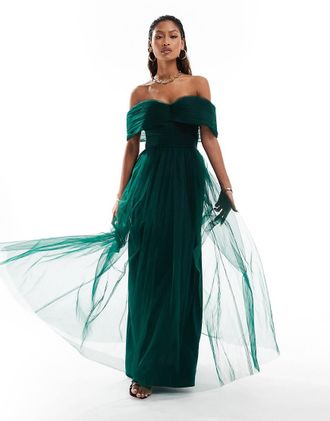 Lace & Beads Robe longue en tulle &agrave; &eacute;paules d&eacute;nud&eacute;es avec noeud - Vert for&ecirc;t