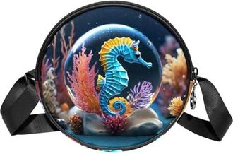 Generic Petit sac &agrave; bandouli&egrave;re rond pour femme, hippocampe avec boule de cristal, sac &agrave; dos &agrave; bandouli&egrave;re r&eacute;glable avec fermeture &eacute;clair, sac &agrave; main rond d&eacute;c
