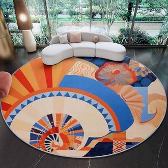 Generic Tapis Rond de Salon Luxe Art Abstrait g&eacute;om&eacute;trique pour Salle &agrave; Manger Bureau Lavable en Machine et Poil Court 180 cm (Round) Tapis Chambre avec Dos An