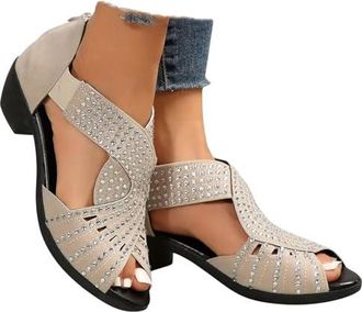 Generic Sandales de danse latine pour femme - Talon bas - Strass - Chaussures d&eacute;t&eacute; pour femme - Coupe large - Style r&eacute;tro - Bout ouvert - Fermeture &eacute;clair dan