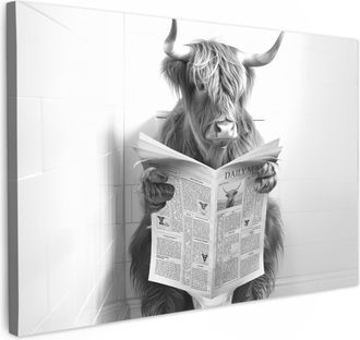 MuchoWow © Leinwand Bilder 120x80 cm Wanddeko Badezimmer WC Aesthetic Room Decor Deko Zimmer Wandbilder Modern Bild auf Leinwand Highlander - Kuh - Toilette - 