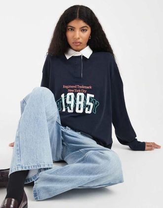 Tommy Jeans Oversize-Rugby-Oberteil in Marineblau mit College-Logo