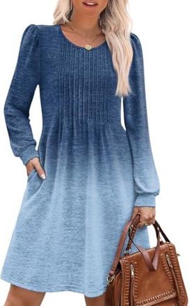Generic Mini robe boh&egrave;me ombr&eacute;e &agrave; manches longues et col rond pour femme, robe d&eacute;contract&eacute;e fluide avec poches lat&eacute;rales, douce, extensible, confortable, robe