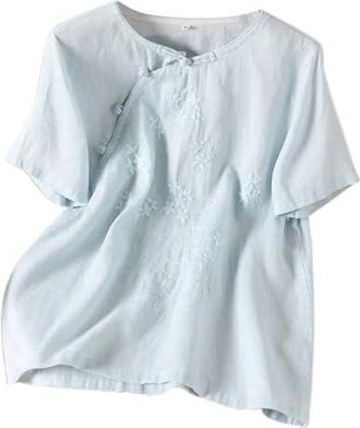 Generic T-shirt ample en lin pour femme avec boutonni&egrave;re et broderie pour femme style litt&eacute;raire, bleu, XXL